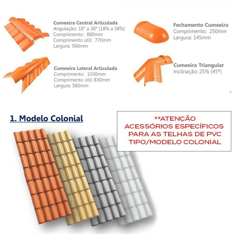 Cumeeira Lateral Articulada de PVC p/ Telha Tipo Colonial - 116x44cm ...